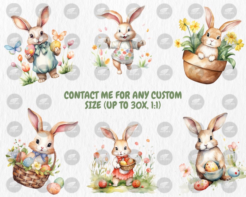Watercolor Easter Bunnies Clipart: Spring Floral PNG Images (digital ...