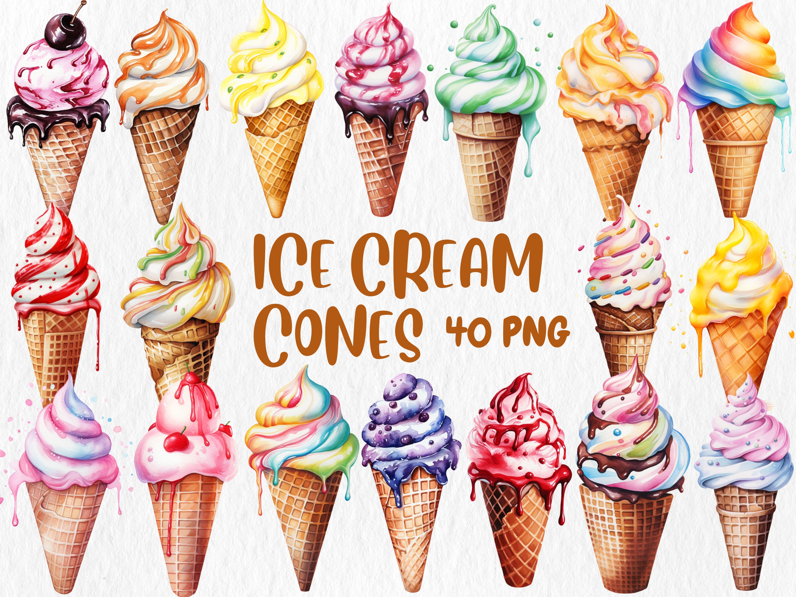 Watercolor Ice Cream Cones Clipart: Summer Dessert PNG (commercial Use ...