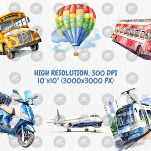 Watercolor Transportation Clipart | Train, Truck, Bus, Motorcycle ...