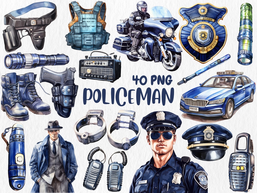 Watercolor Policeman Clipart Police Car, Handcuffs, Police Officer ...