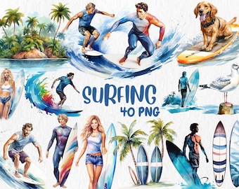 Watercolor Surfing Clipart | Surfboard, Surfer, Palm Tree, Beach, Ocean ...