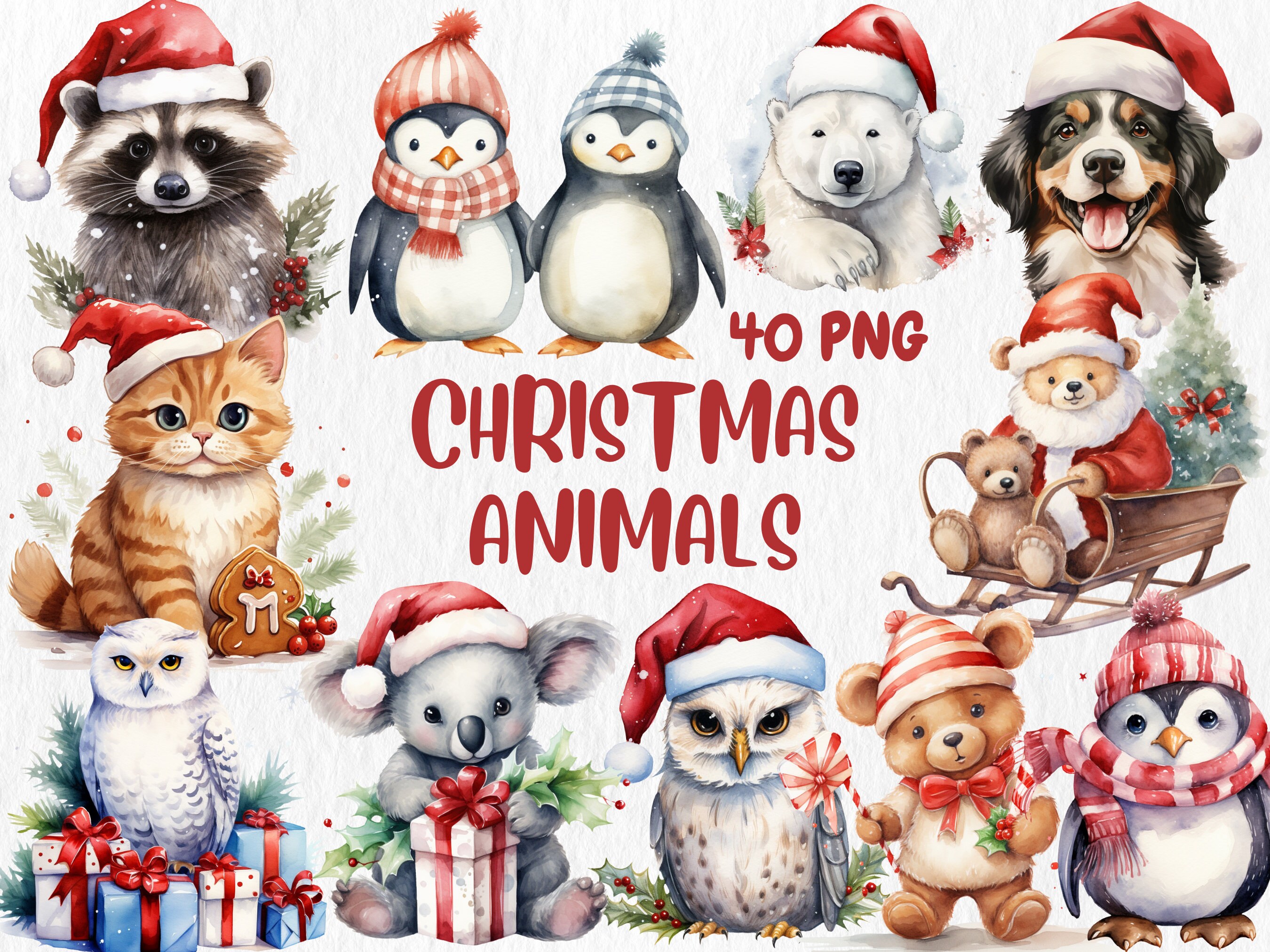 Watercolor Christmas Animals Clipart: Xmas PNG Illustrations ...