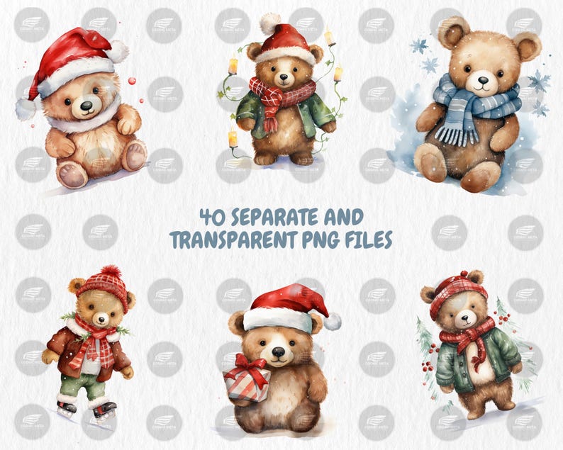 Watercolor Christmas Bears Clipart: Festive PNG Images (digital ...