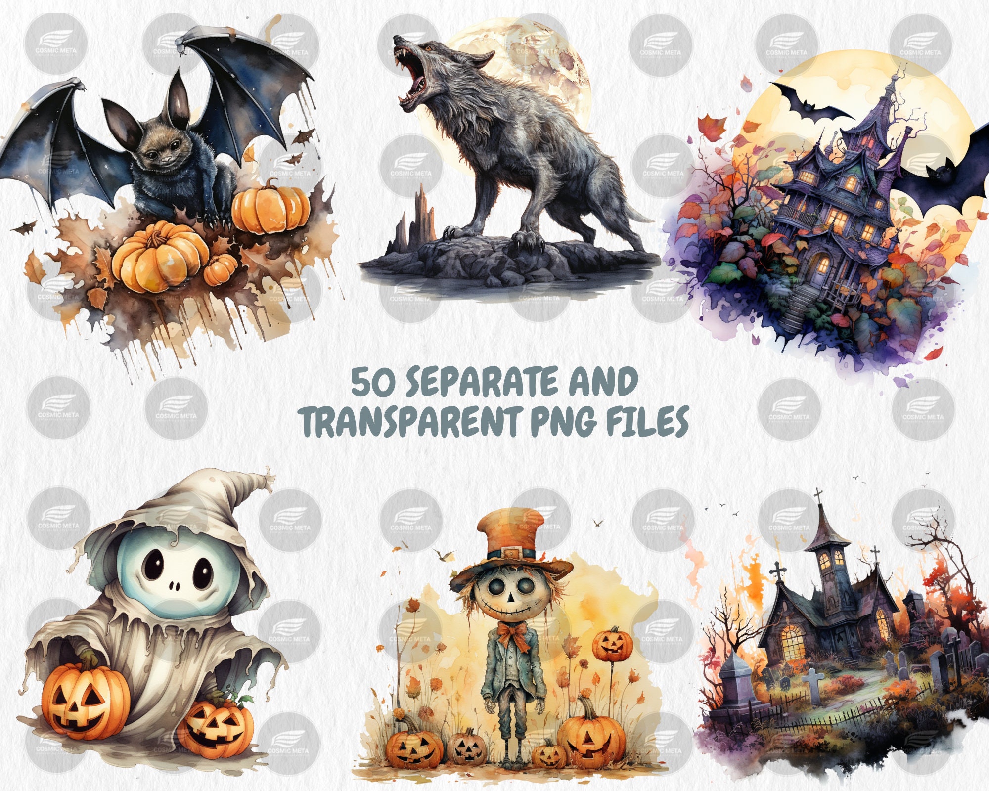 Watercolor Halloween Clipart: 50 PNG Graphics, Spooky Illustrations ...