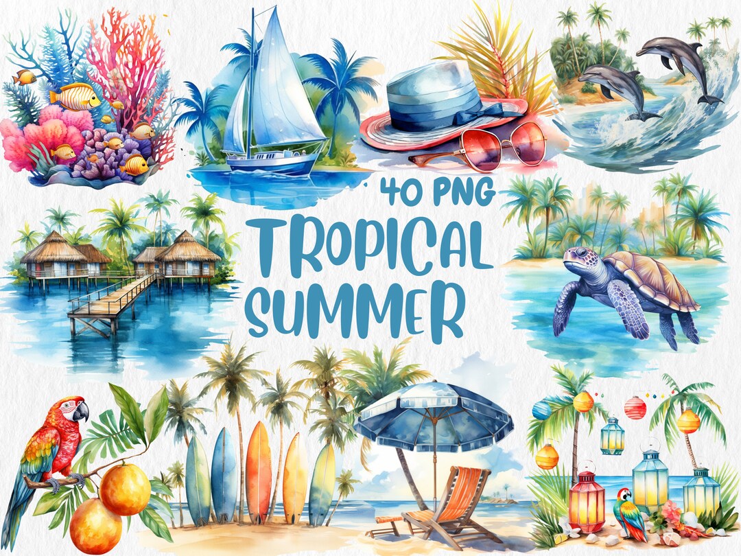 Watercolor Tropical Summer Clipart | Exotic Fruits, Beach Scenes, Palm ...