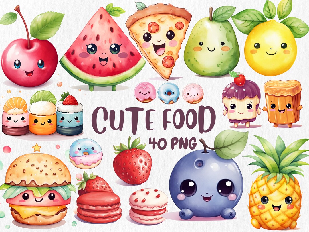 Watercolor Kawaii Food Clipart: 40 PNG Illustrations (digital Download ...