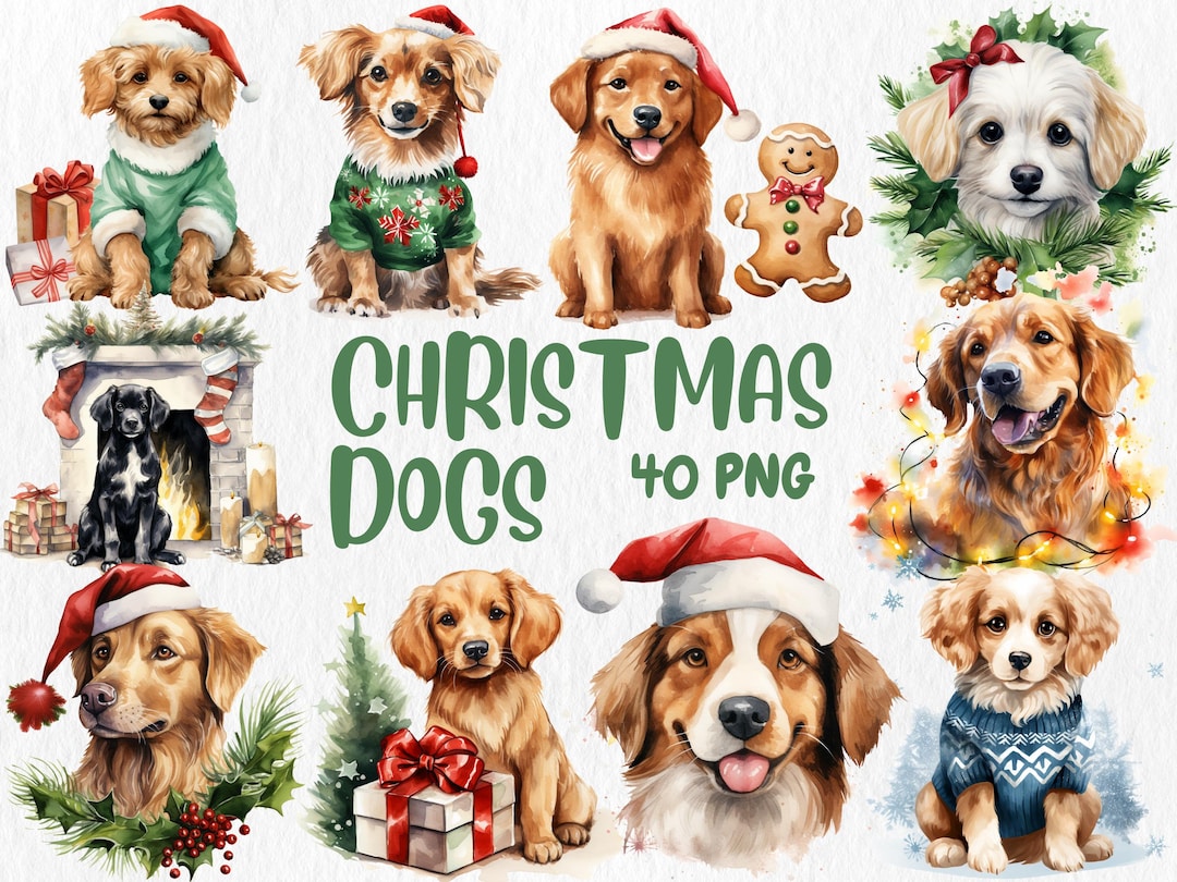 Watercolor Christmas Dogs Clipart: Festive Puppy Illustrations (40 PNG ...