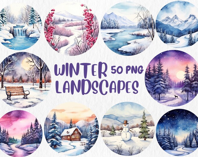 7 Winter Wonderland Landscape Watercolor Clipart, Printable High ...