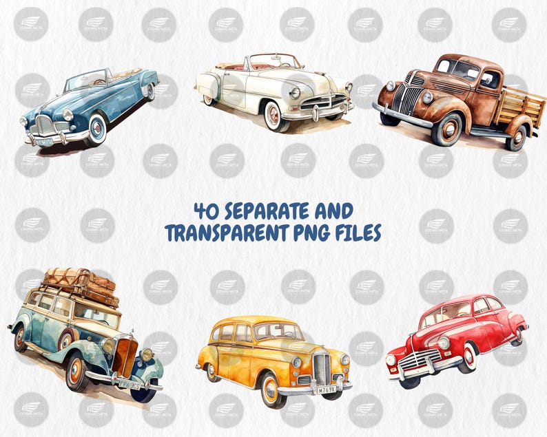Watercolor Vintage Car Clipart: Classic Automotive Illustrations ...