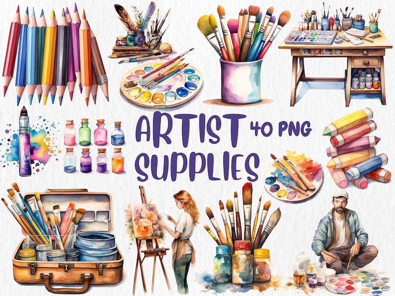 Watercolor Art Supplies Clipart: Brushes, Palette, Paints (instant ...