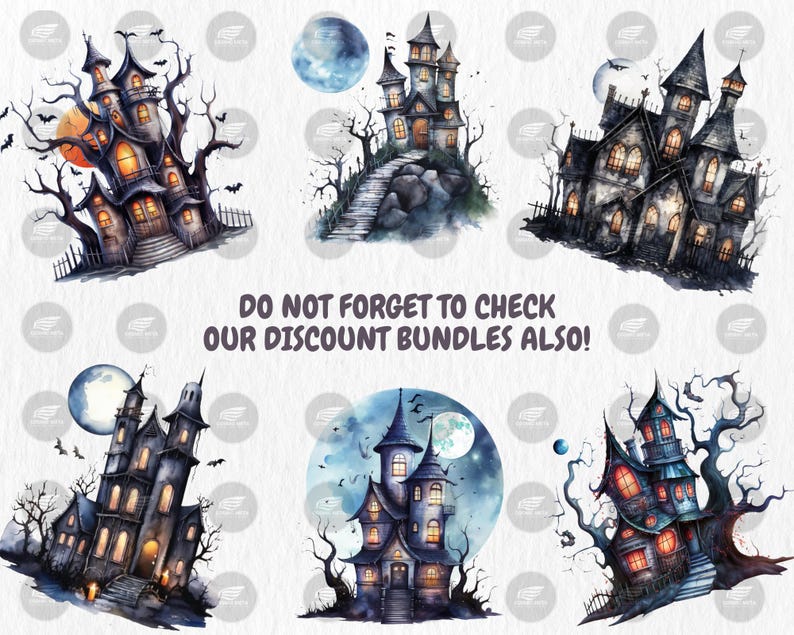 Watercolor Haunted Houses Clipart: Spooky Halloween PNG (digital ...
