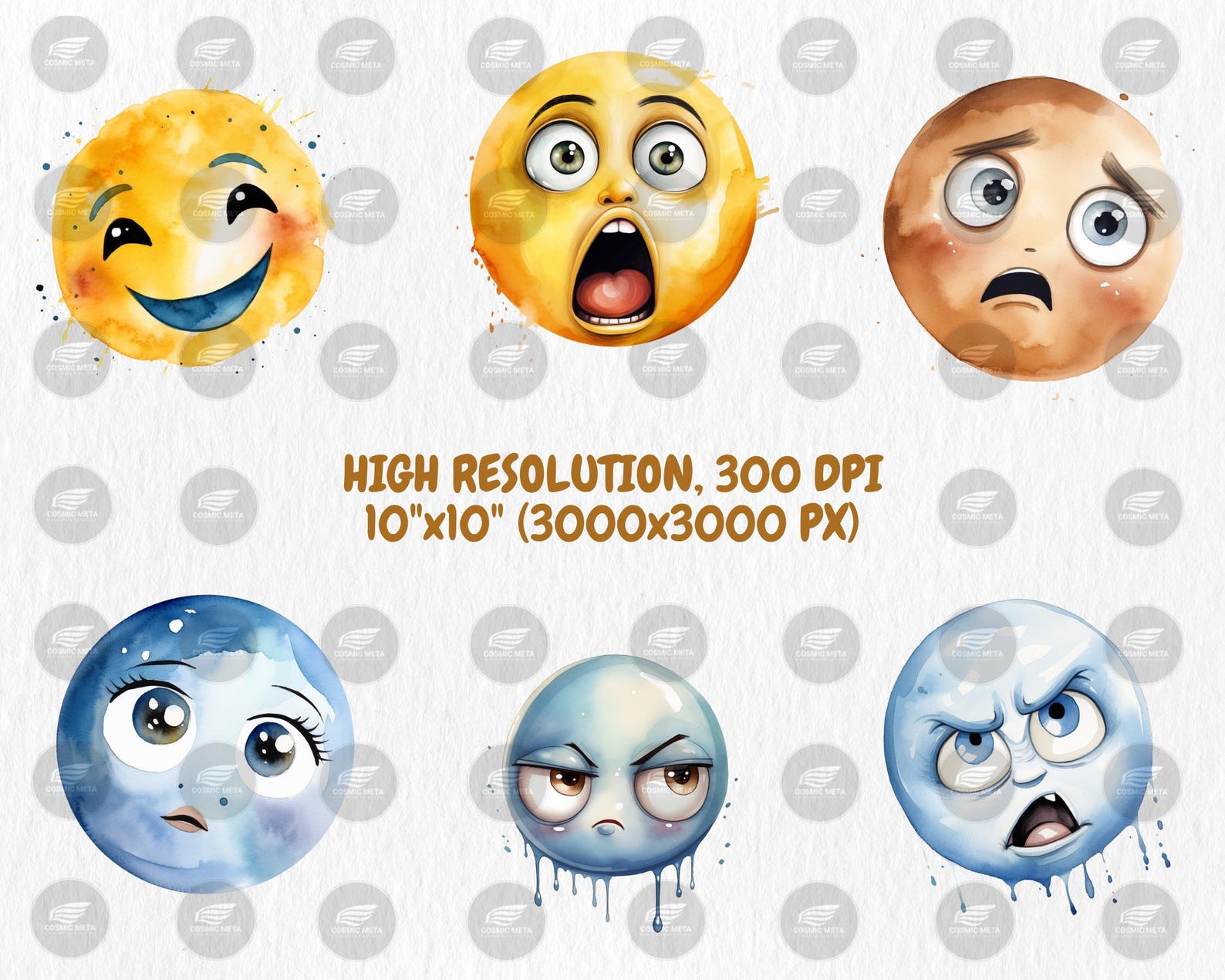 Watercolor Emoji Clipart: Happy, Angry, & Sad Faces (digital Download ...
