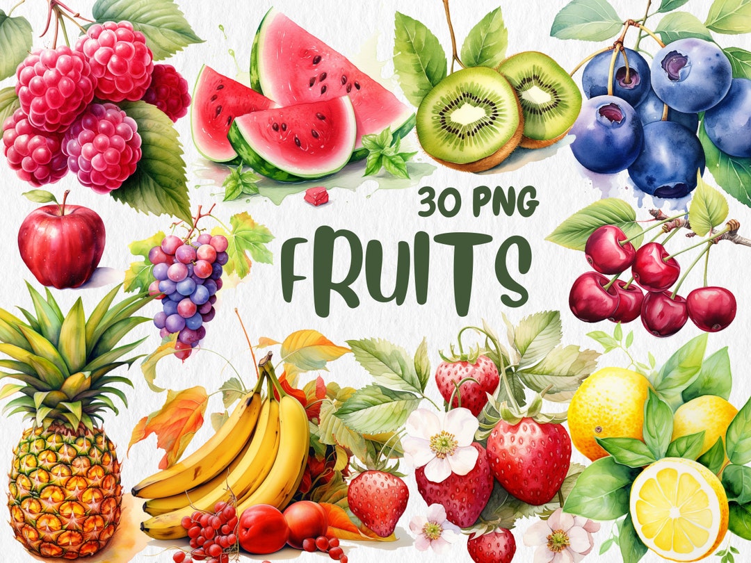 Watercolor Fruits Clipart: 30 PNG Illustrations (commercial Use) - Etsy