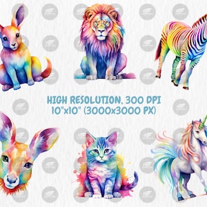 Watercolor Rainbow Animals Clipart | Colorful Cute Animals, Lion, Cat ...