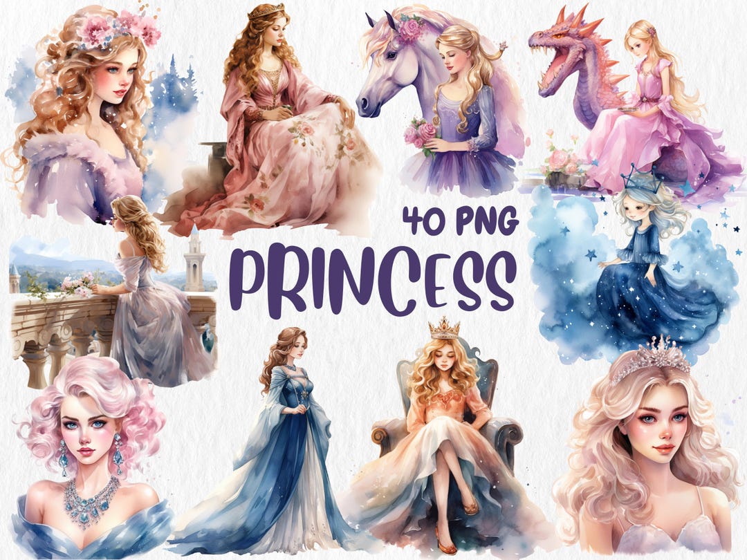 Watercolor Princess Clipart: 40 PNG Illustrations, DIY Party Themes ...