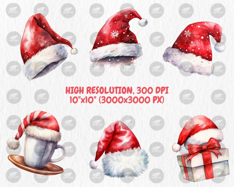 Watercolor Santa Hat Clipart: 40 Xmas Illustrations (commercial Use ...