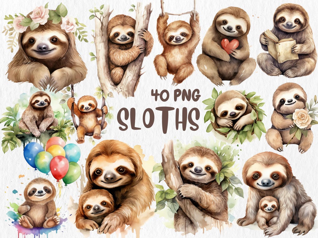 Watercolor Sloth Clipart: Jungle Animals & Leaves (digital Download) - Etsy