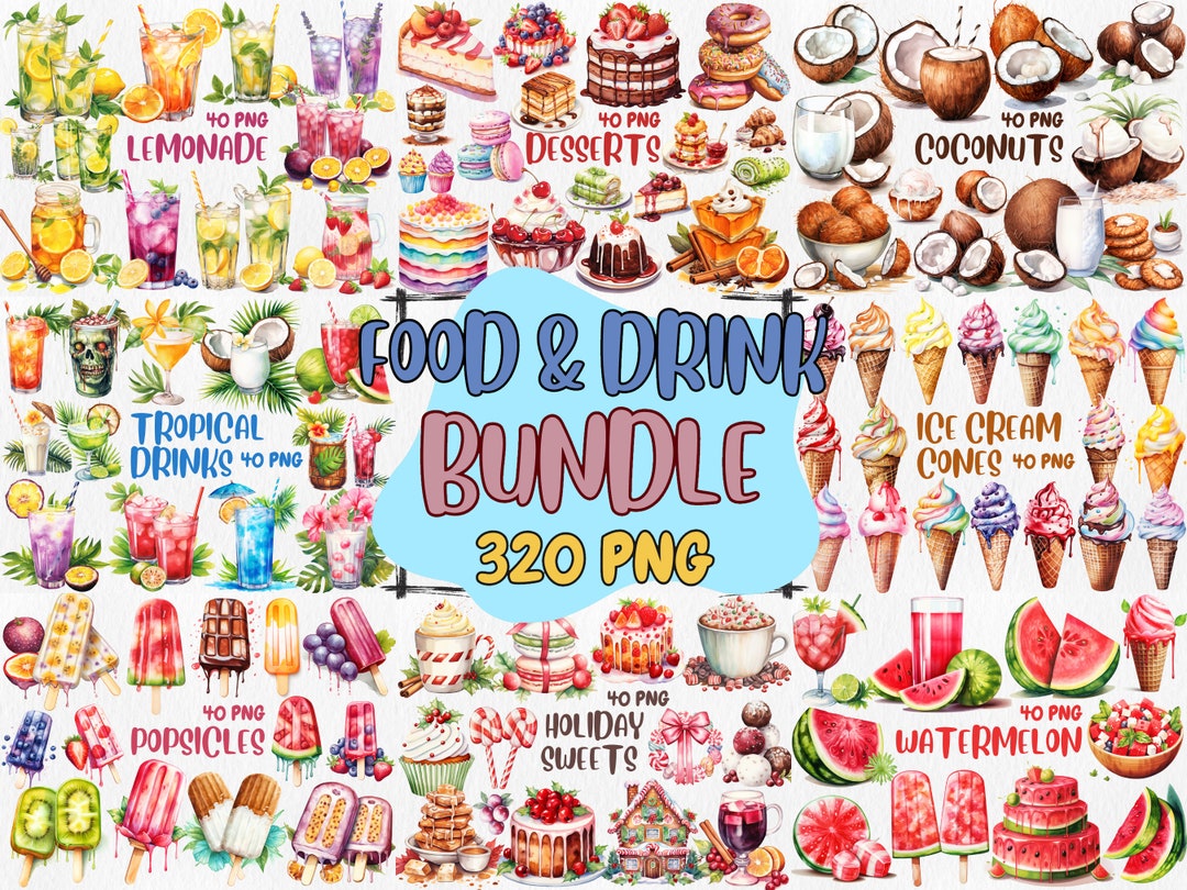 Watercolor Food & Drink Clipart Bundle: Sweets, Drinks, Desserts (PNG ...