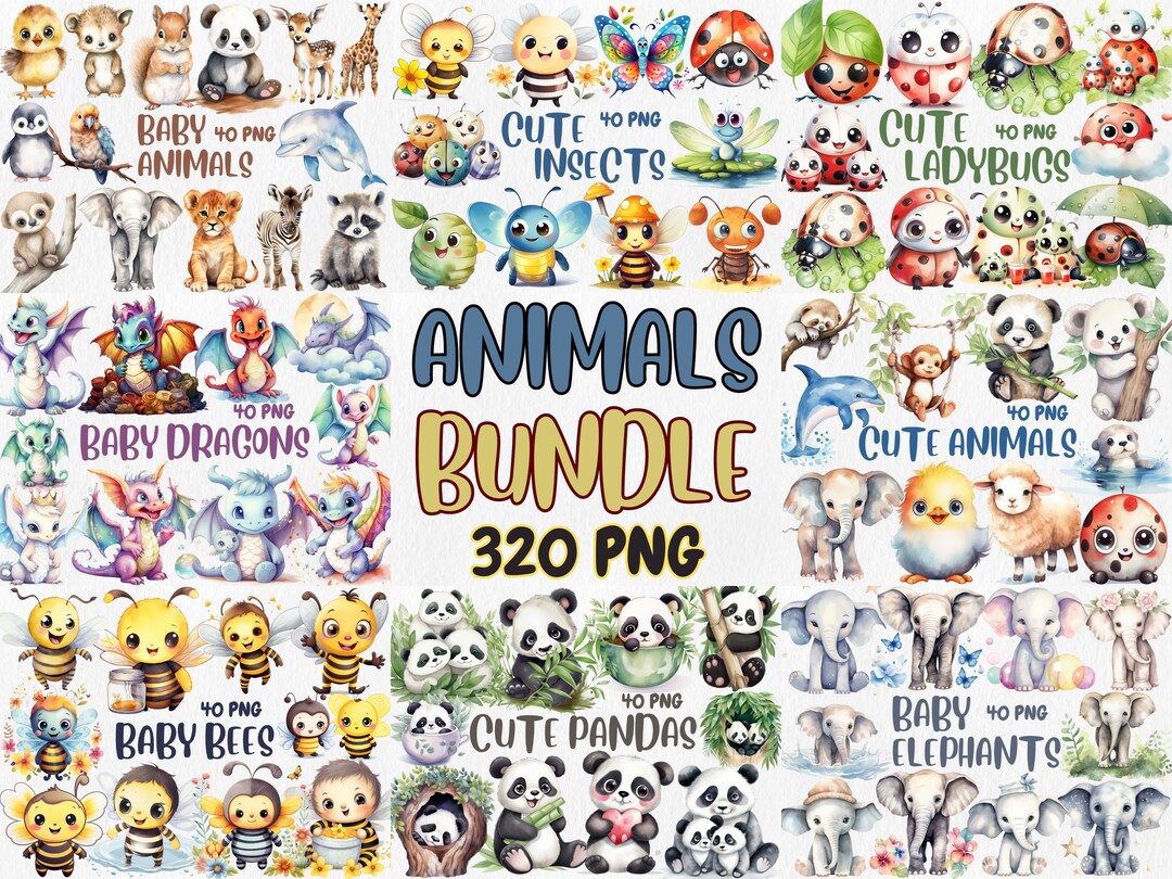 Watercolor Animals Clipart Bundle: Baby Bee, Dragon, Panda (commercial ...