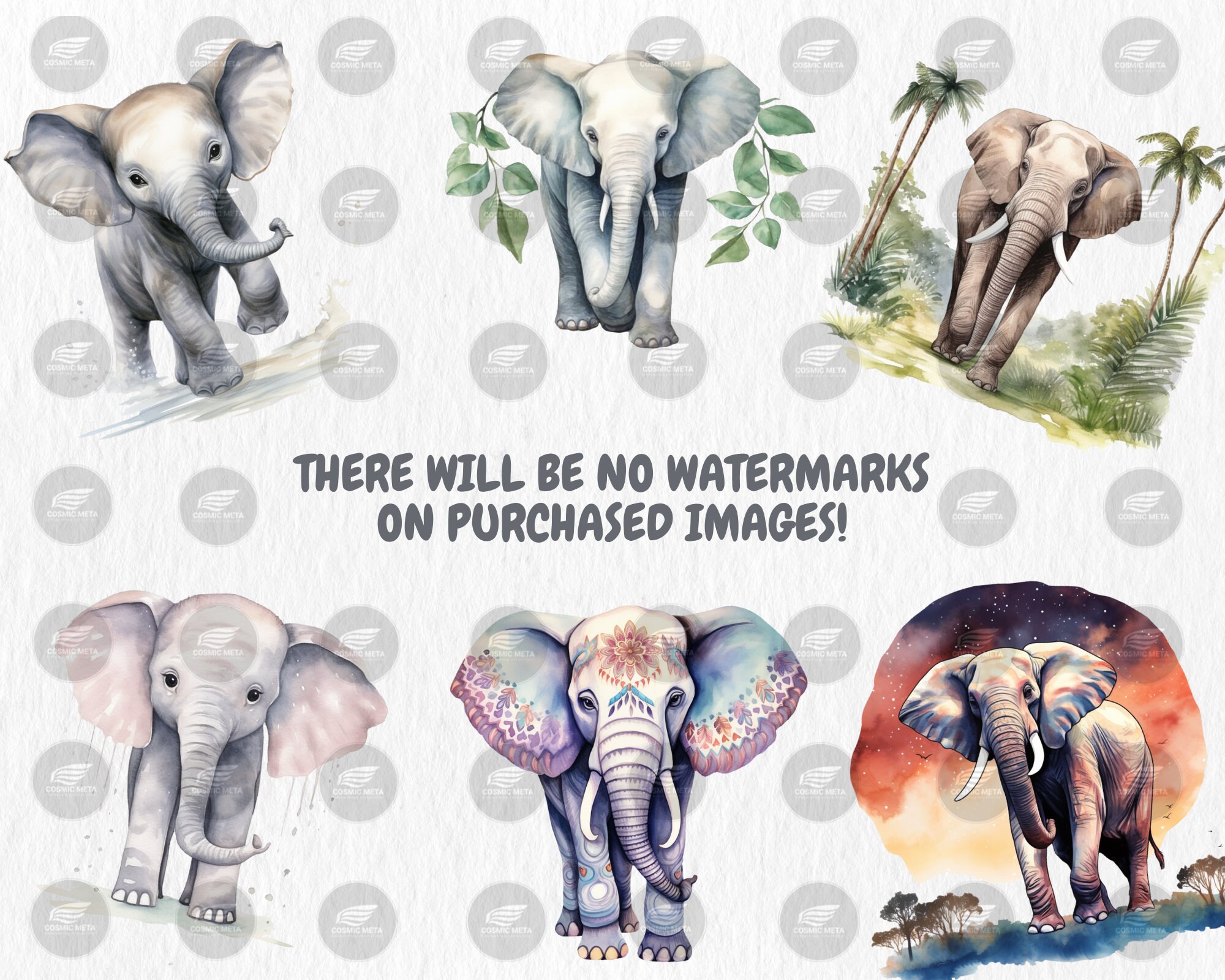 Watercolor Elephant Clipart: 40 Animal Illustrations (instant Download ...