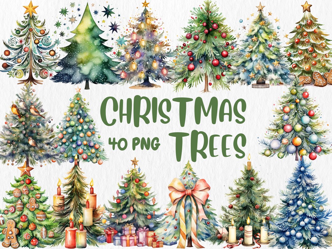 Watercolor Christmas Trees Clipart: Holiday PNG Graphics (instant ...