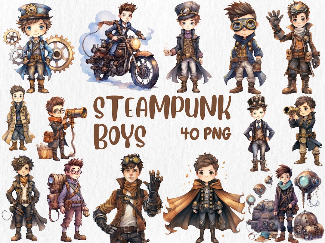 Watercolor Steampunk Boys Clipart | Cute Boys With Aviator Goggles ...