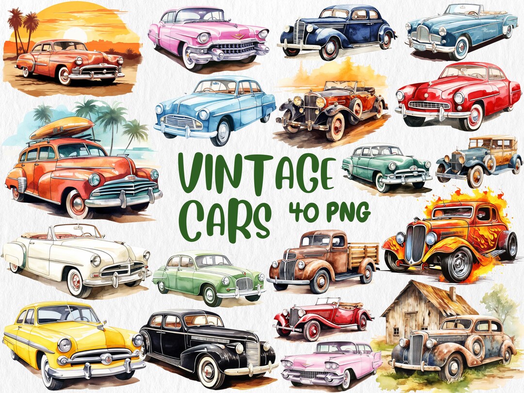 Watercolor Vintage Car Clipart: Classic Automotive Illustrations ...