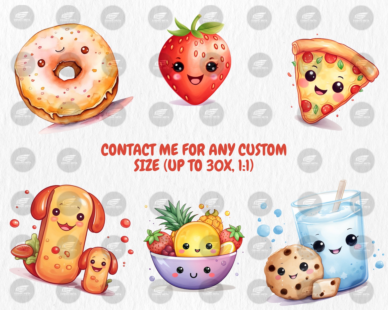 Watercolor Kawaii Food Clipart Milkshake, Pancake, Sushi Roll, Popcorn ...