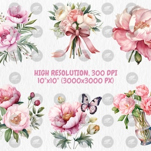 Watercolor Peonies Clipart | Spring Flower, Floral Bouquet, Pink, Red ...