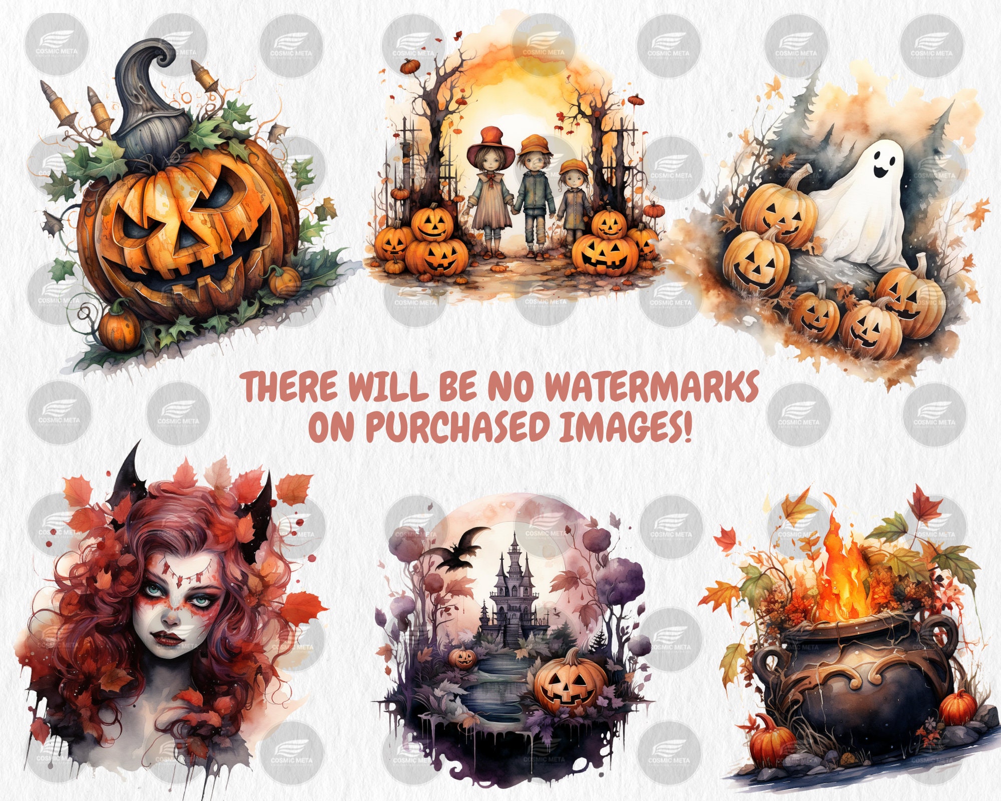 Watercolor Halloween Clipart: 50 PNG Graphics, Spooky Illustrations ...