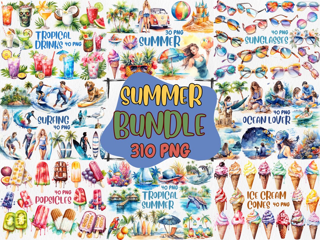 Watercolor Summer Mega Clipart Bundle | Tropical Drinks, Surfing, Ocean ...