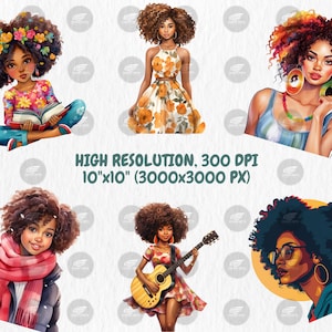 Watercolor Afro Girls Clipart: Black Woman Illustrations (instant ...