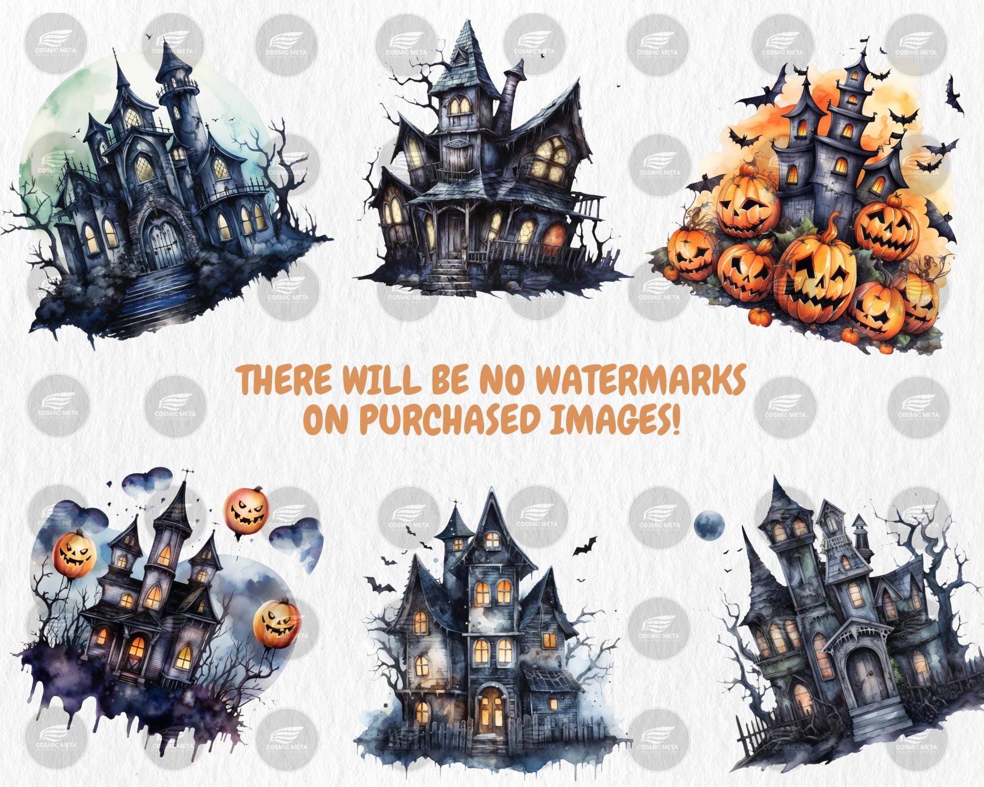 Watercolor Haunted Houses Clipart: Spooky Halloween PNG (digital ...