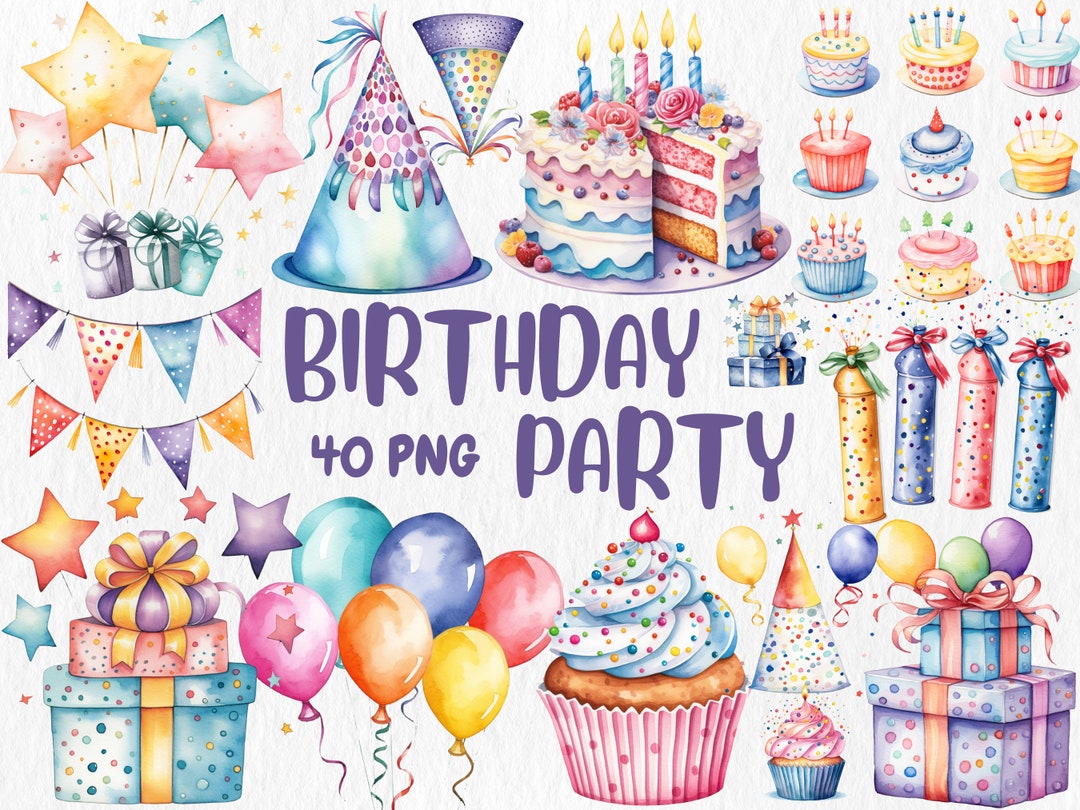 Watercolor Birthday Party Clipart: Balloons, Cake, Presents (instant ...