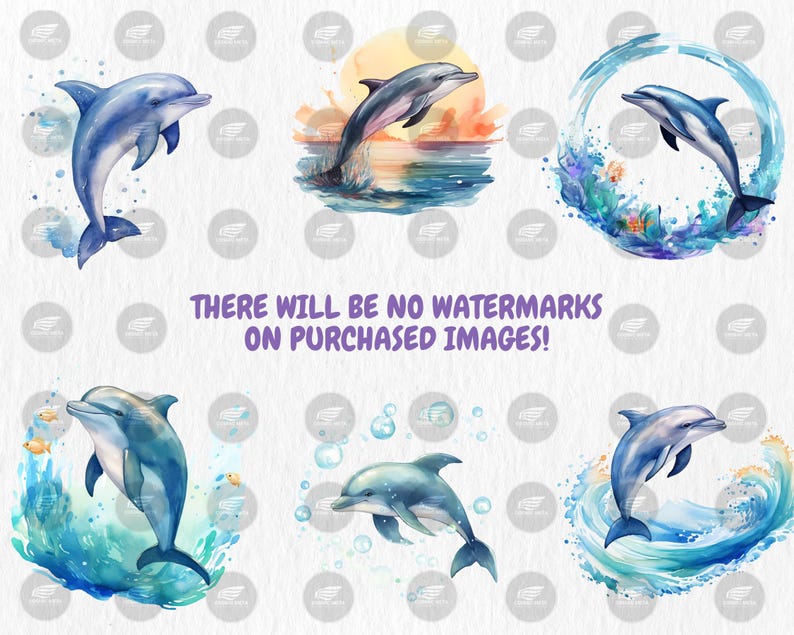Watercolor Dolphins Clipart: 40 PNG Marine Animal Graphics (digital ...