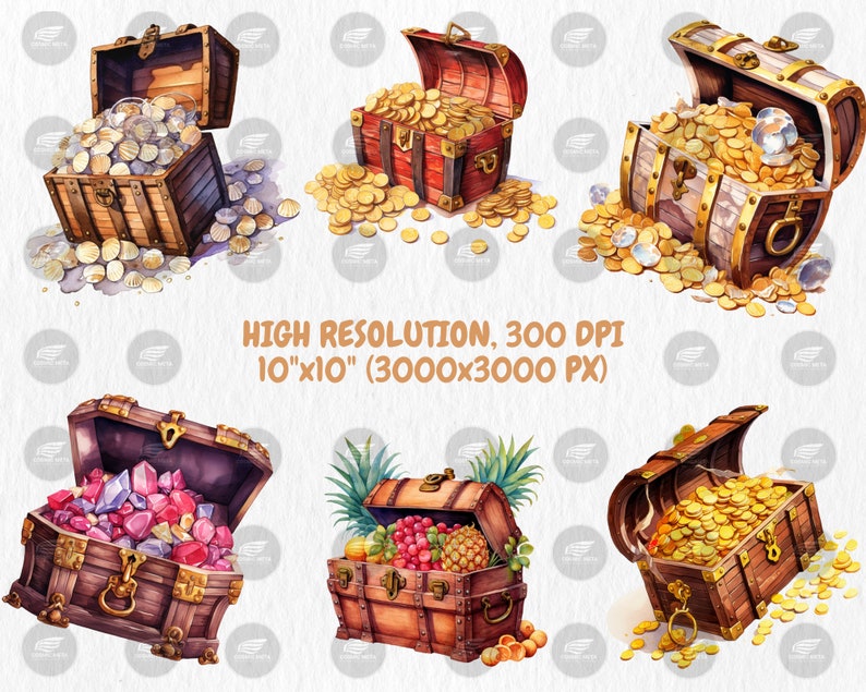 Watercolor Treasure Chests Clipart: Pirate Gold & Gems (instant ...