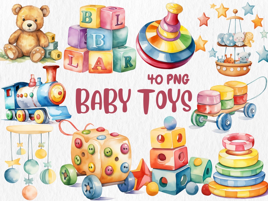 Watercolor Baby Toys Clipart Wooden Blocks, Plush Bunny, Nursery Decor ...