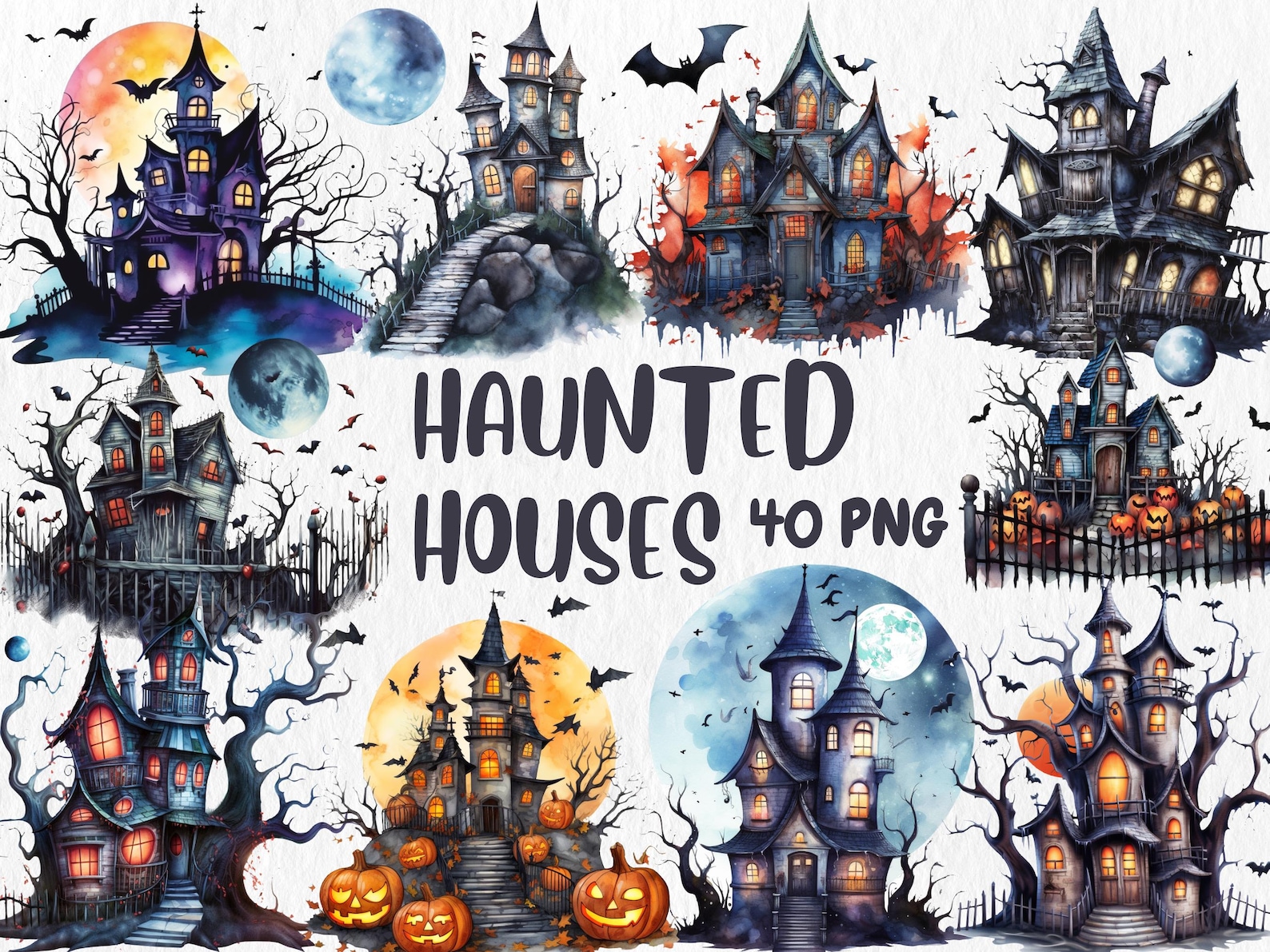 Watercolor Haunted Houses Clipart: Spooky Halloween PNG (digital ...