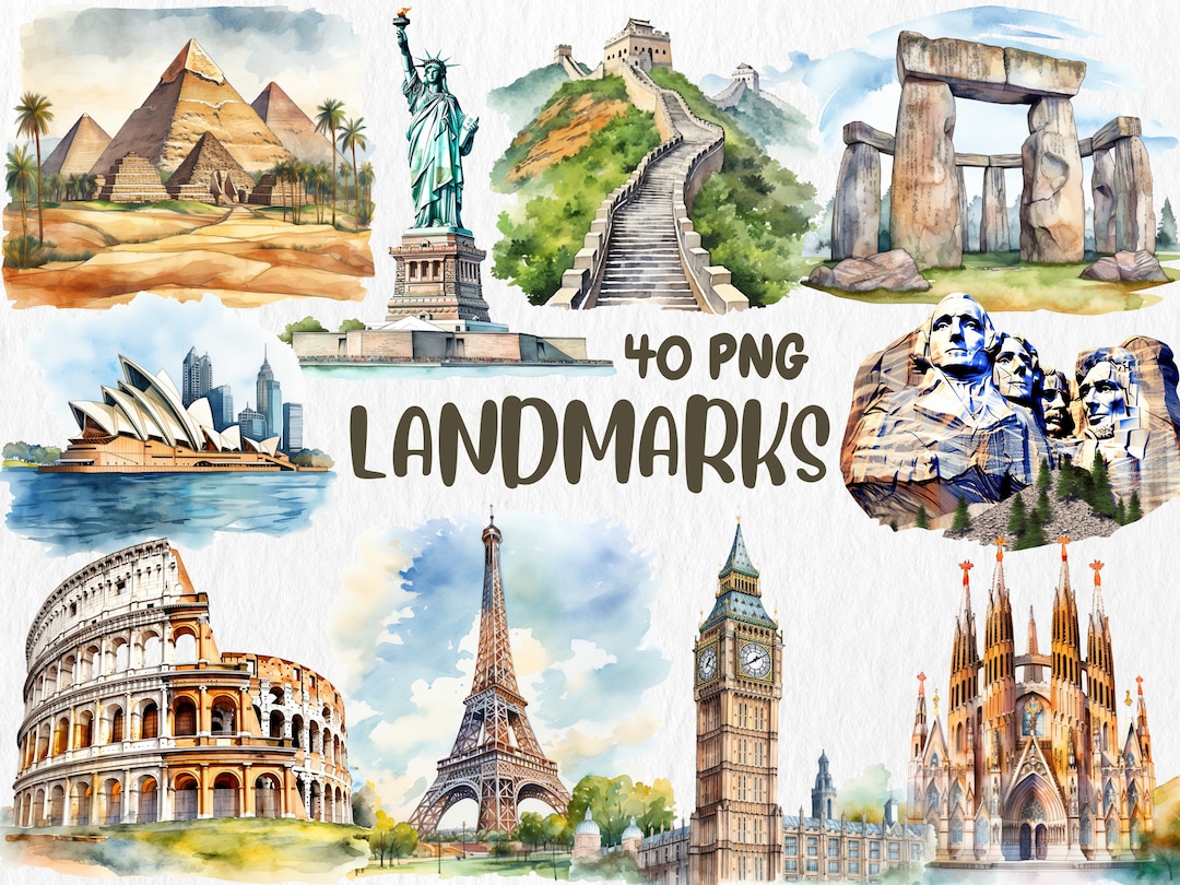 Watercolor Landmarks Clipart: World Travel Illustrations (instant ...