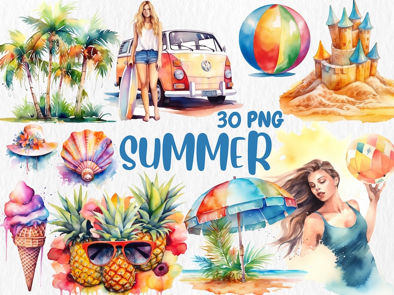 Watercolor Summer Clipart: Beach Illustrations, PNG Graphics (digital ...