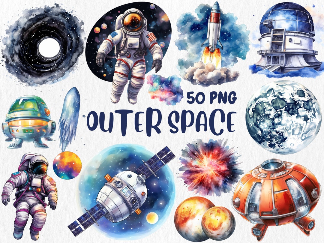 Watercolor Outer Space Clipart | Rocket, Galaxy, Nebula, Astronaut ...