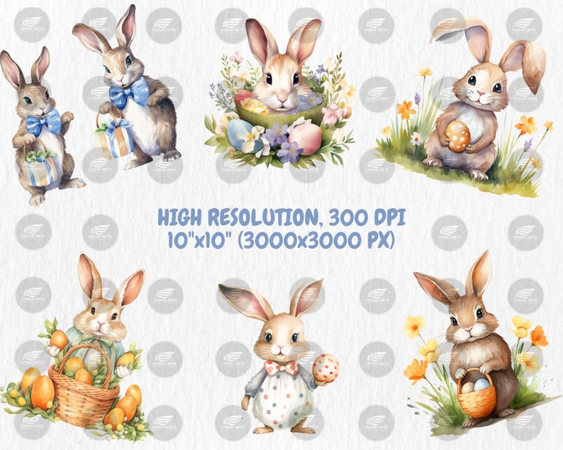 Watercolor Easter Bunnies Clipart: Spring Floral PNG Images (digital ...