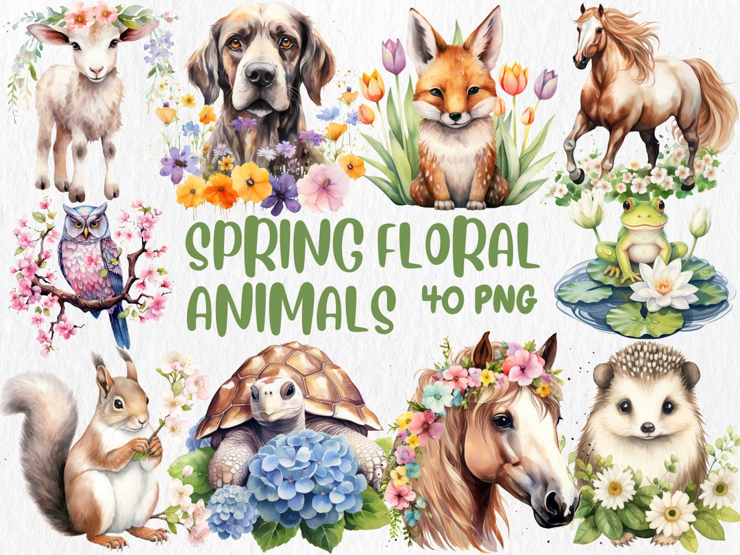Watercolor Spring Floral Animals Clipart | Cute Baby Animal, Dog, Cat ...