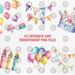 Watercolor Birthday Party Clipart: Balloons, Cake, Presents (instant ...