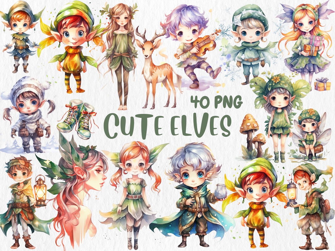 Watercolor Cute Elves Clipart | Adorable Elf Characters, Fantasy ...