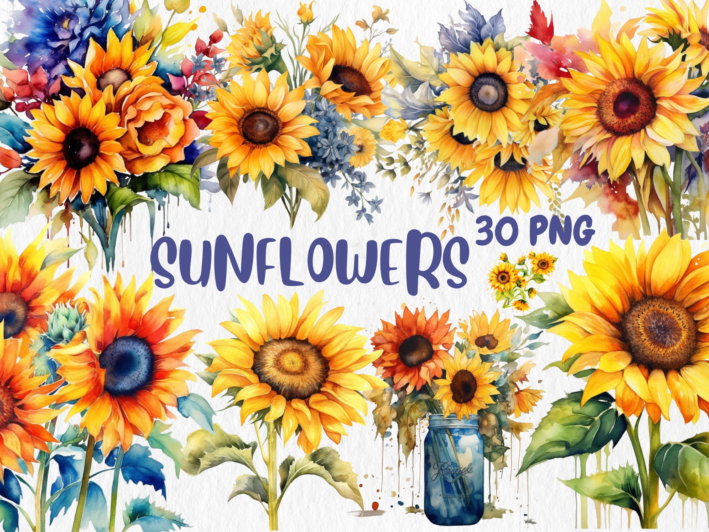 Watercolor Sunflowers Clipart Painted Sunflower Clipart - Etsy