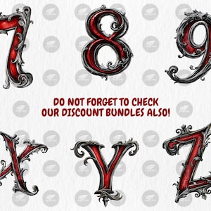 Red Gothic Alphabet Clipart: Medieval Letters & Numbers (PNG Digital ...