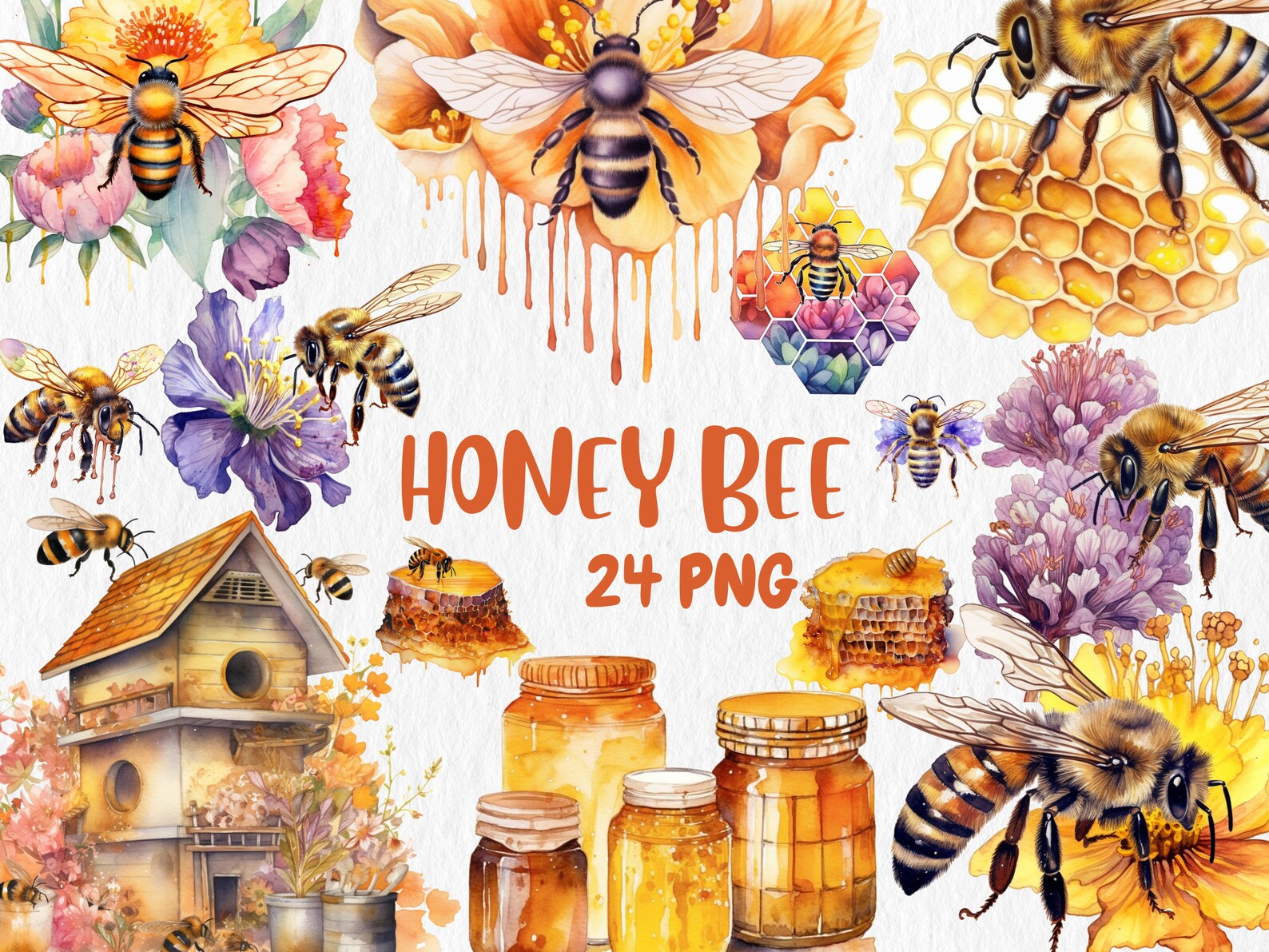 Watercolor Honey Bee Clipart Spring Garden Bee Clipart Honey Drips ...