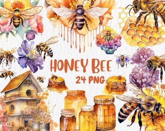 Watercolor Honey Bee Clipart, Spring Garden Bee and Honey Jar, Beehive ...