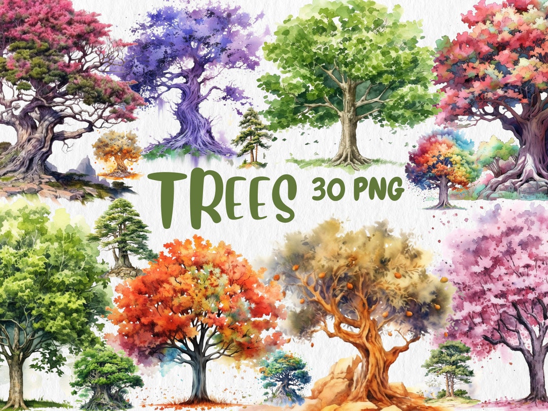 Watercolor Trees Clipart | Painted Colorful Tree Clipart | Tree, Leaves ...